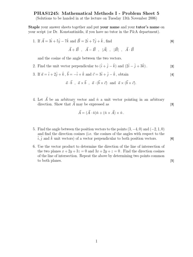 PHAS1245: Mathematical Methods I - Problem Sheet 5 | PDF