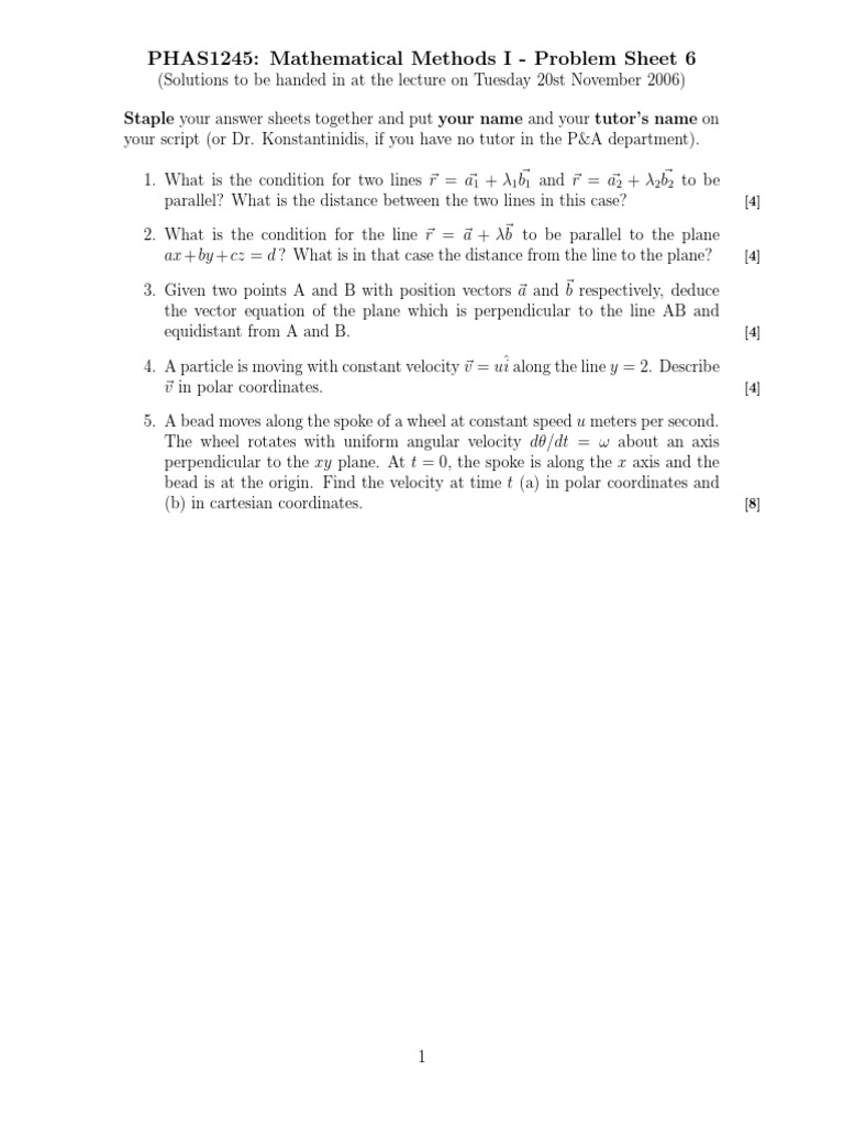 PHAS1245: Mathematical Methods I - Problem Sheet 6 | PDF