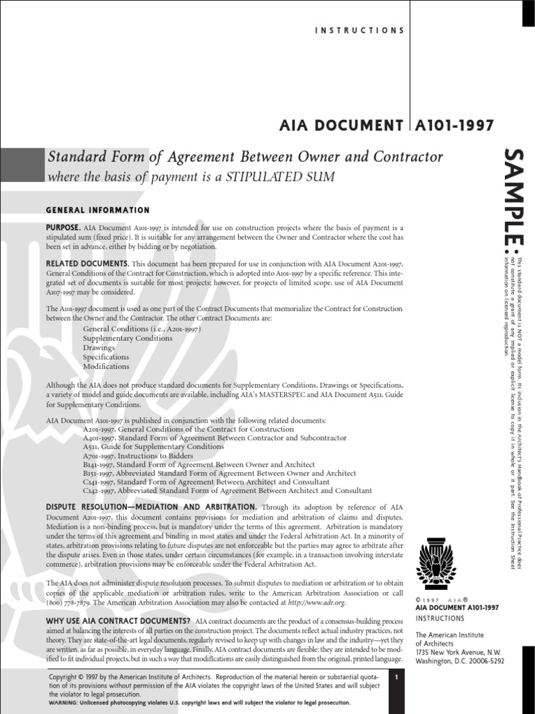 AIA Document A101-1997 | PDF | Arbitration | Mediation