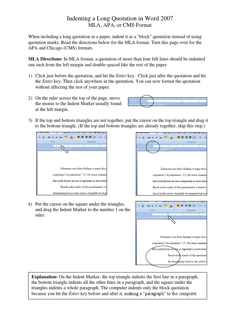 Indenting A Long Quotation in Word 2007: MLA, APA, or CMS Format | PDF ...