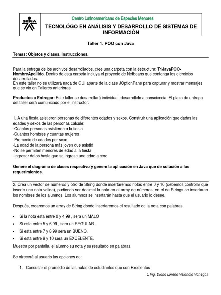 Taller 1. POO Con Java PDF | PDF | Java (lenguaje de programación ...