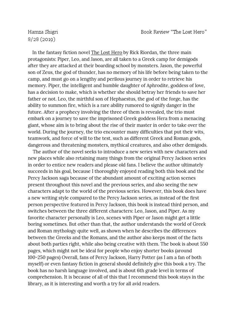 Hamza Shigri Book Review "The Lost Hero" | PDF | Greek Mythology ...