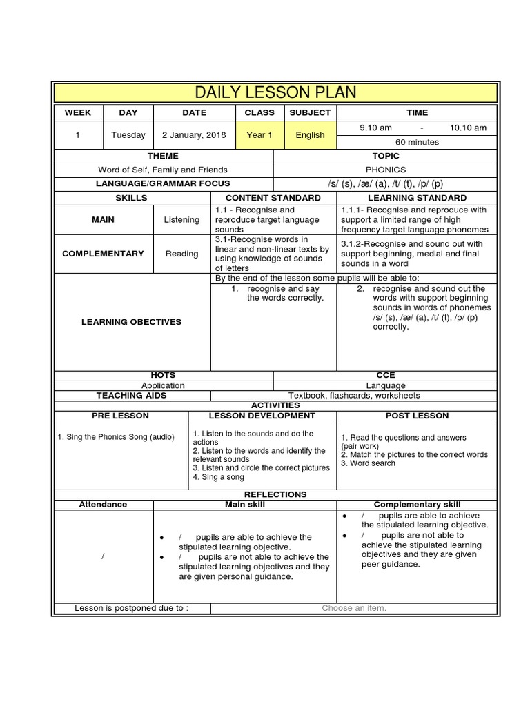 Daily Lesson Plan: /S/ (S), /æ/ (A), /T/ (T), /P/ (P) | PDF | Phonics ...