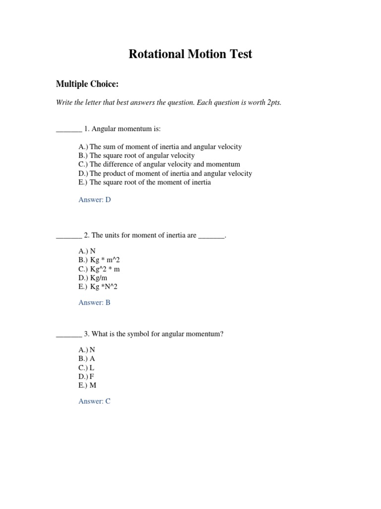 Physics: Rotational Motion Quiz | PDF | Rotation Around A Fixed Axis ...