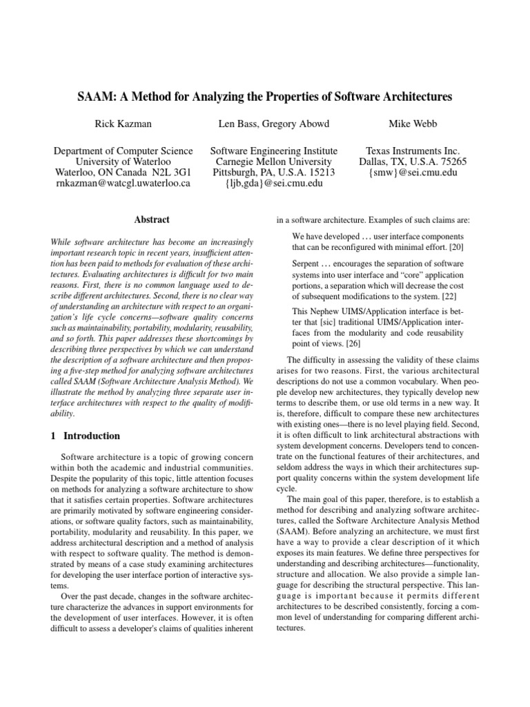 SAAM: A Method For Analyzing The Properties of Software Architectures | PDF | Software ...