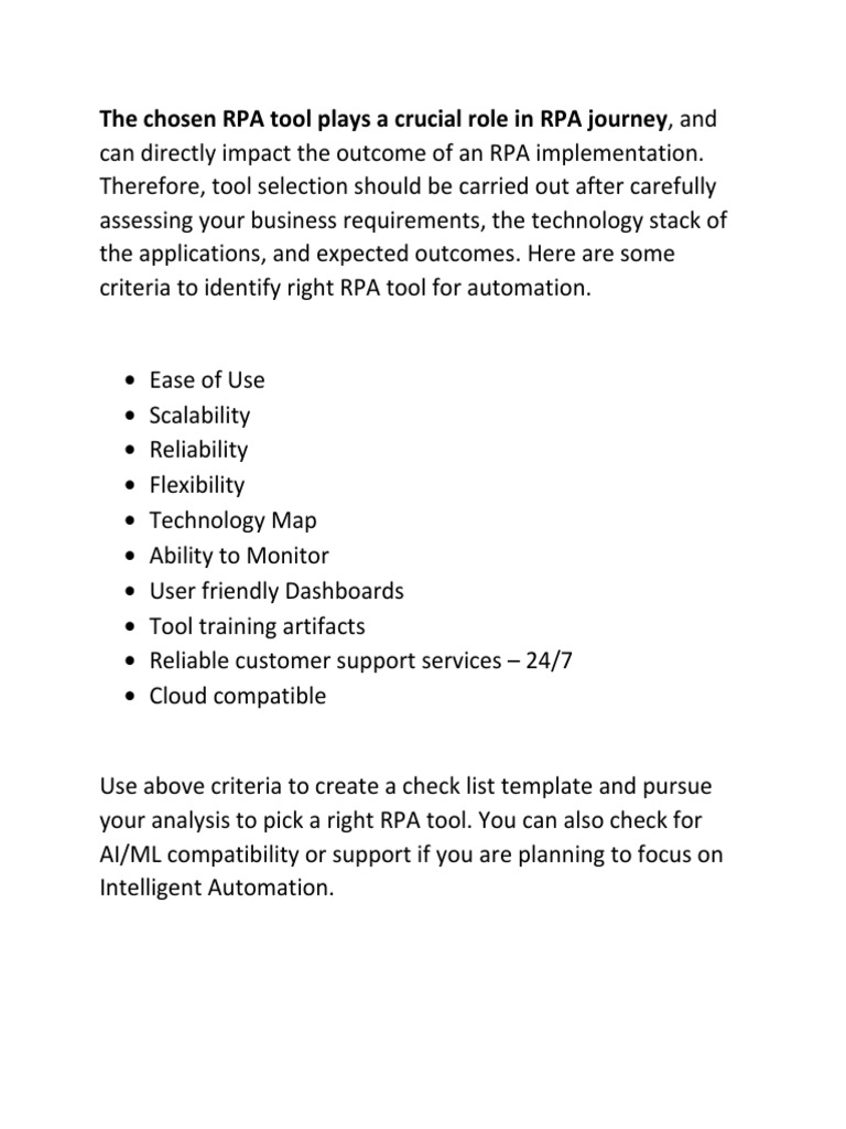 RPA Tool Selection Criteria Guide | PDF