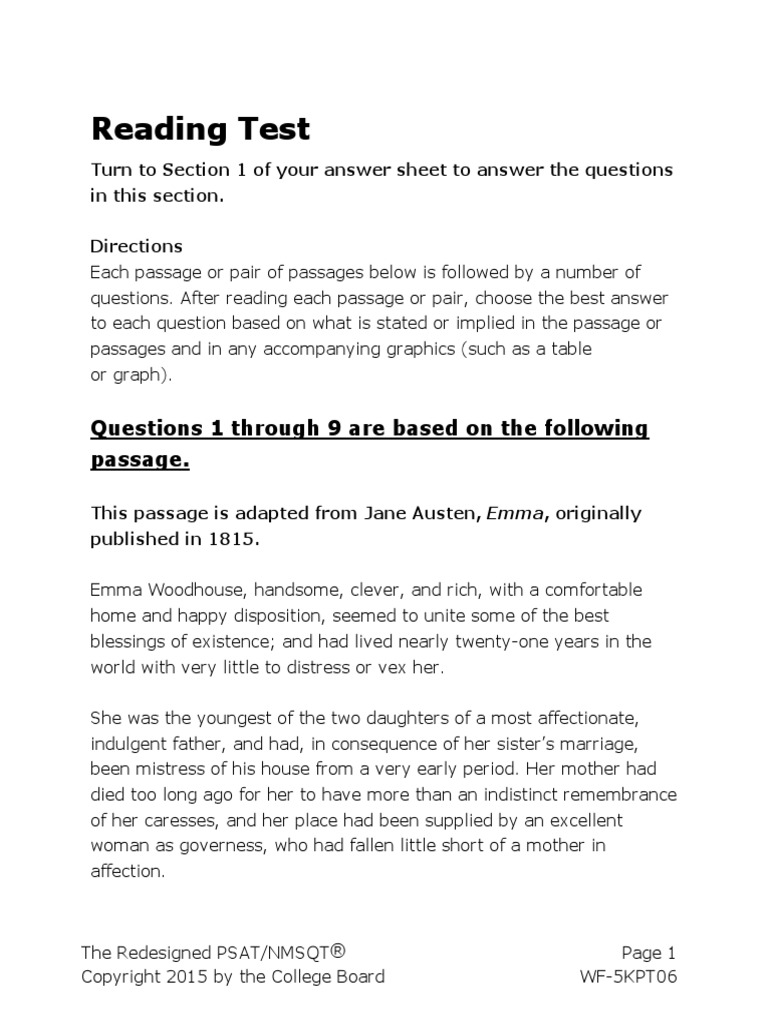 Psat NMSQT Practice Test 1 Reading Assistive Technology | PDF | Emma ...