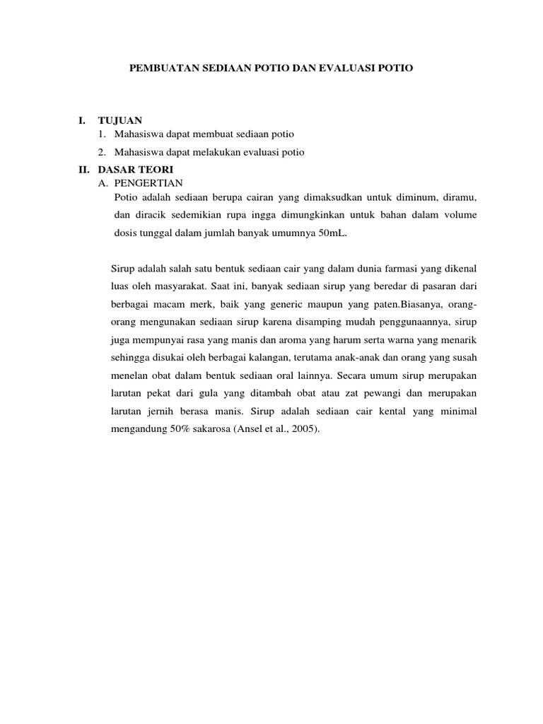 Pembuatan Sediaan Potio Dan Evaluasi Potio | PDF