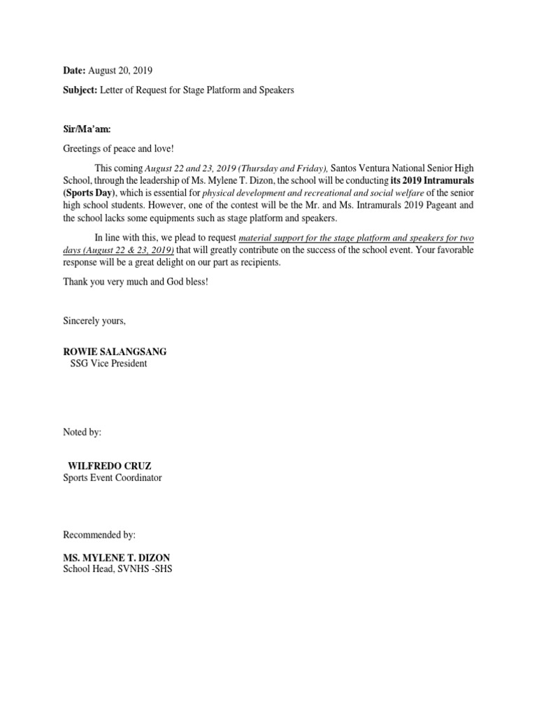 Letter of Request For Intrams 2019 | PDF