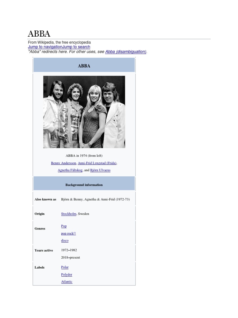 Jump To Navigationjump To Search: "Abba" Redirects Here. For Other Uses ...