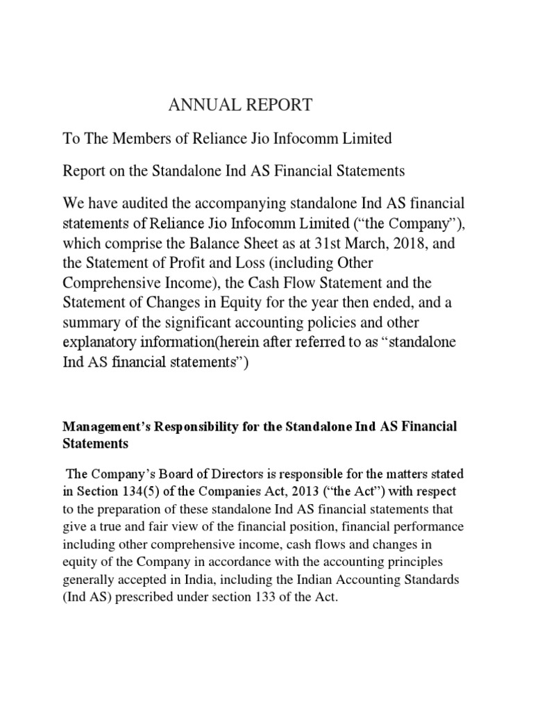 Reliance Jio Infocomm Limited 2017-2018 Annual Report: Auditor's Report ...