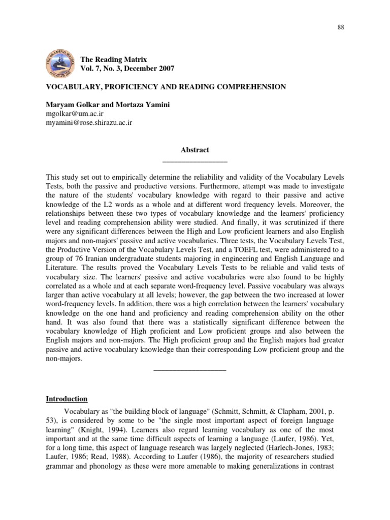 The Reading Matrix Vol. 7, No. 3, December 2007 Vocabulary, Proficiency ...