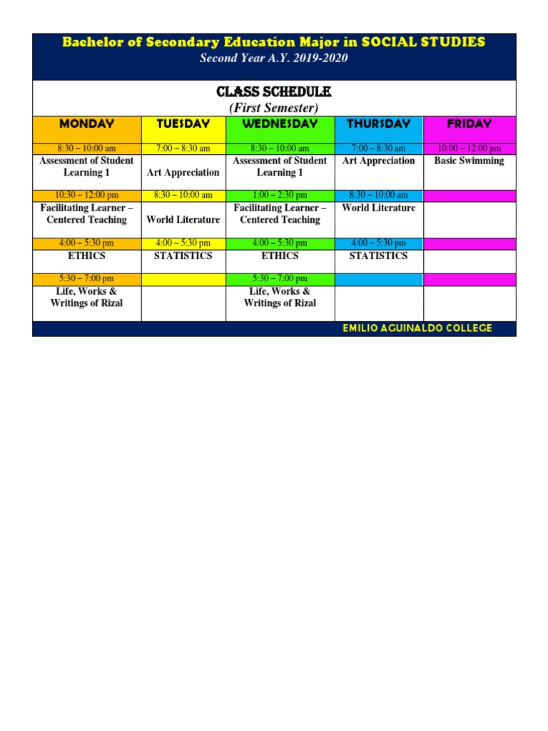 Bachelor of Secondary Education Major in SOCIAL STUDIES: Class Schedule ...