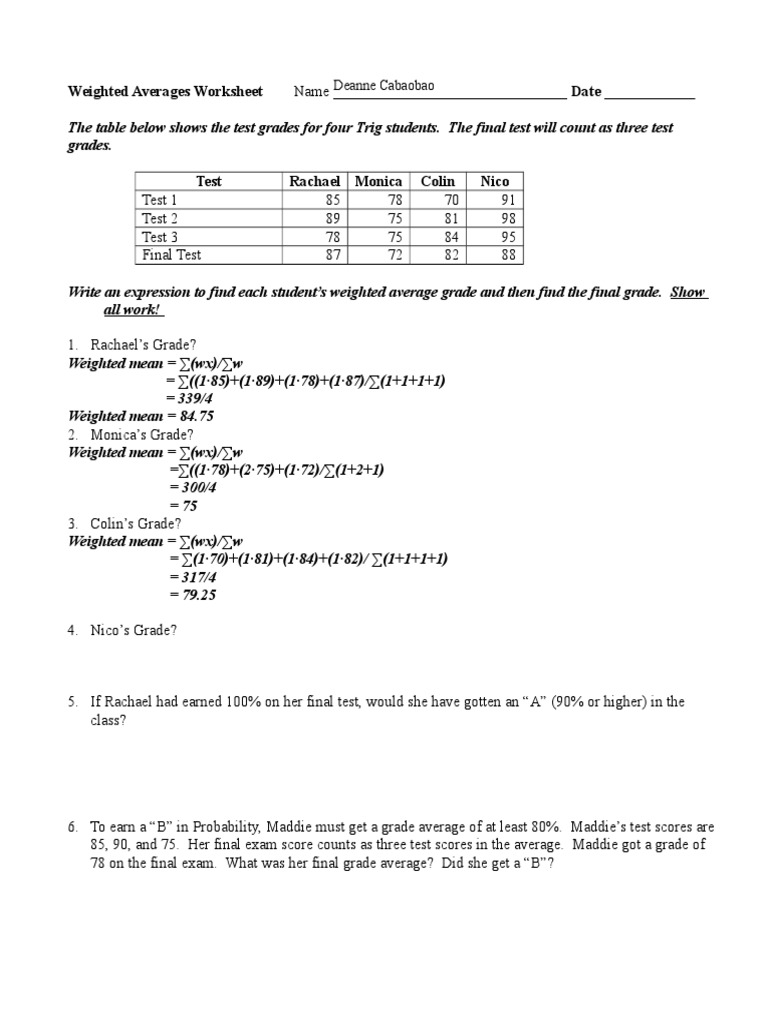 Weighted Averages Practice Worksheet | PDF | Weighted Arithmetic Mean ...