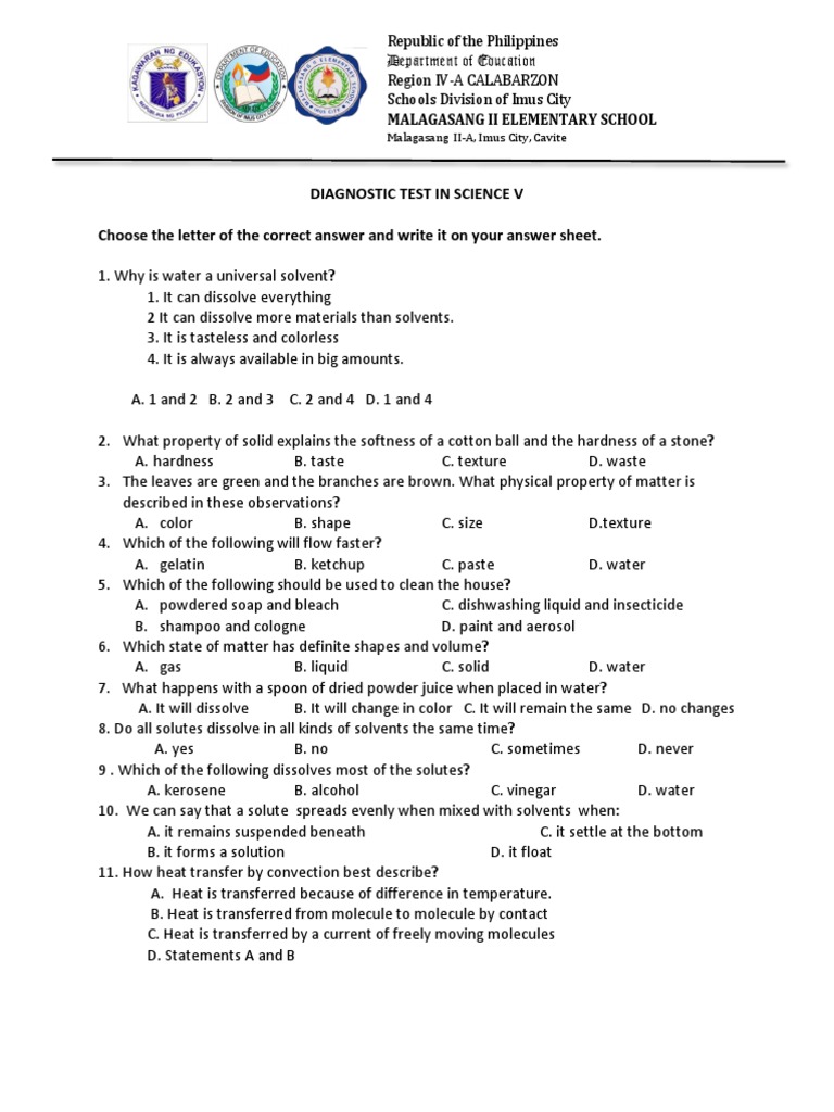 Diagnostic Test in Science V Choose The Letter of The Correct Answer ...