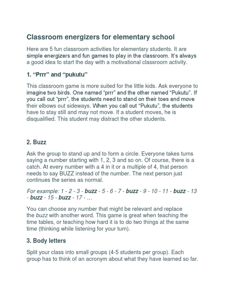Fun classroom energizers for elementary students | PDF | Classroom