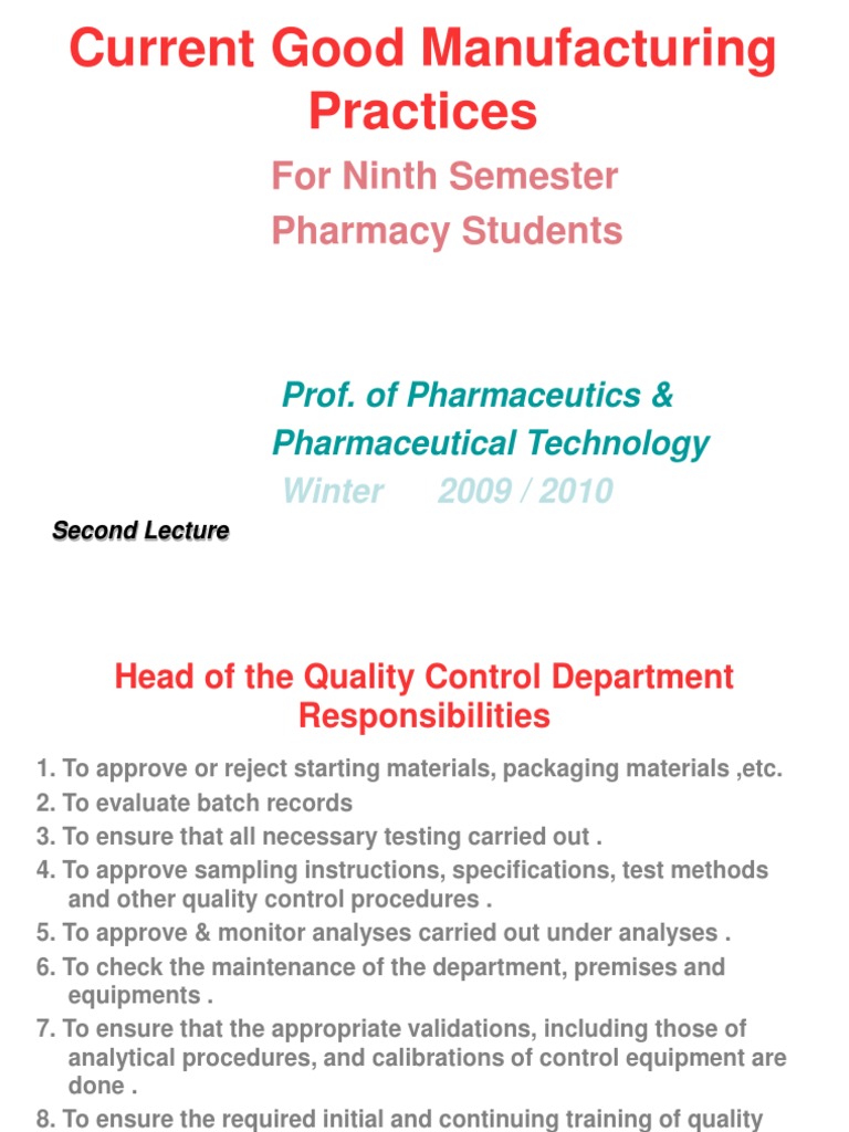 Current Good Manufacturing Practices: For Ninth Semester Pharmacy Students | PDF | Specification ...