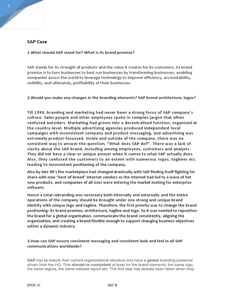 SAP Case: 1.what Should SAP Stand For? What Is Its Brand Promise? | PDF ...