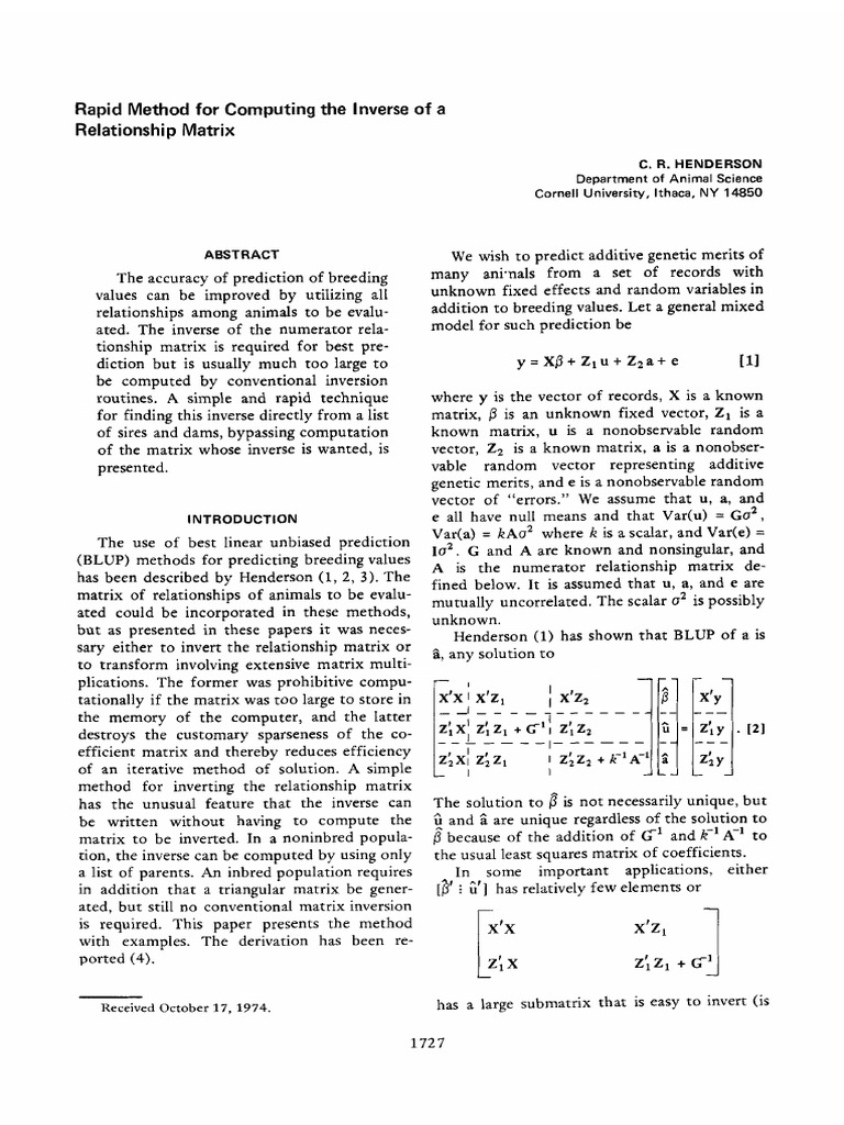 Rapid Inversion of Henderson Matrix | PDF | Matrix (Mathematics ...