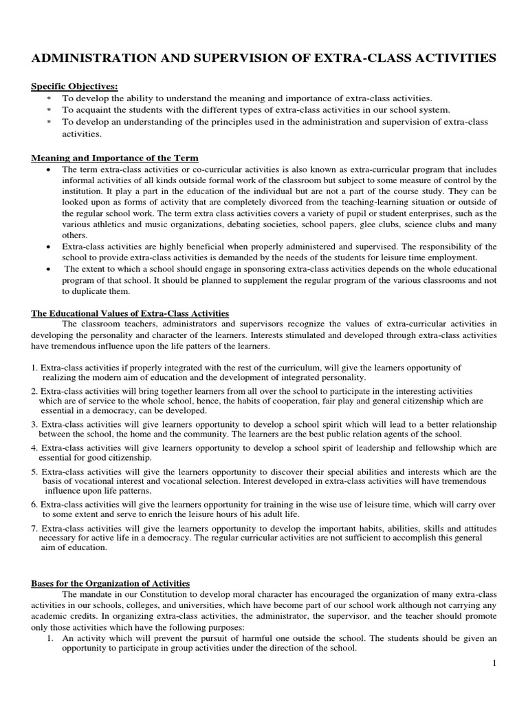 H. Administration and Supervision of Extra-Class Activities | PDF ...