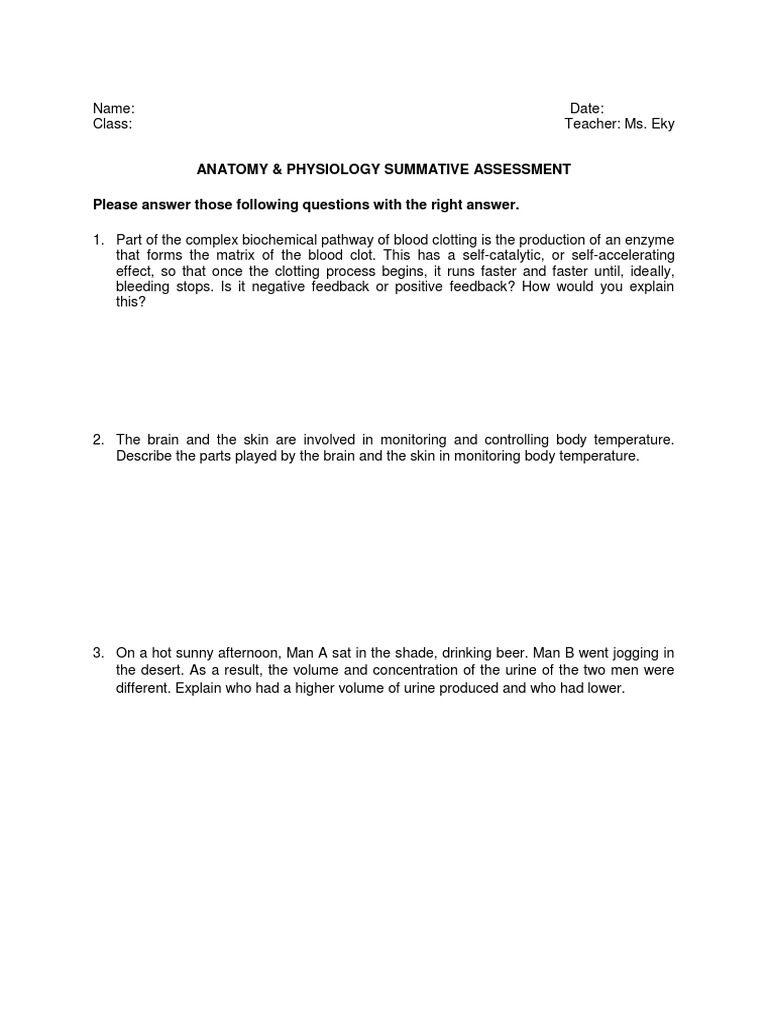 Anatomy & Physiology Summative Assessment Please Answer Those Following ...