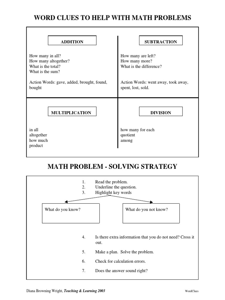 Word Clues To Help With Math Problems: Addition Subtraction | PDF