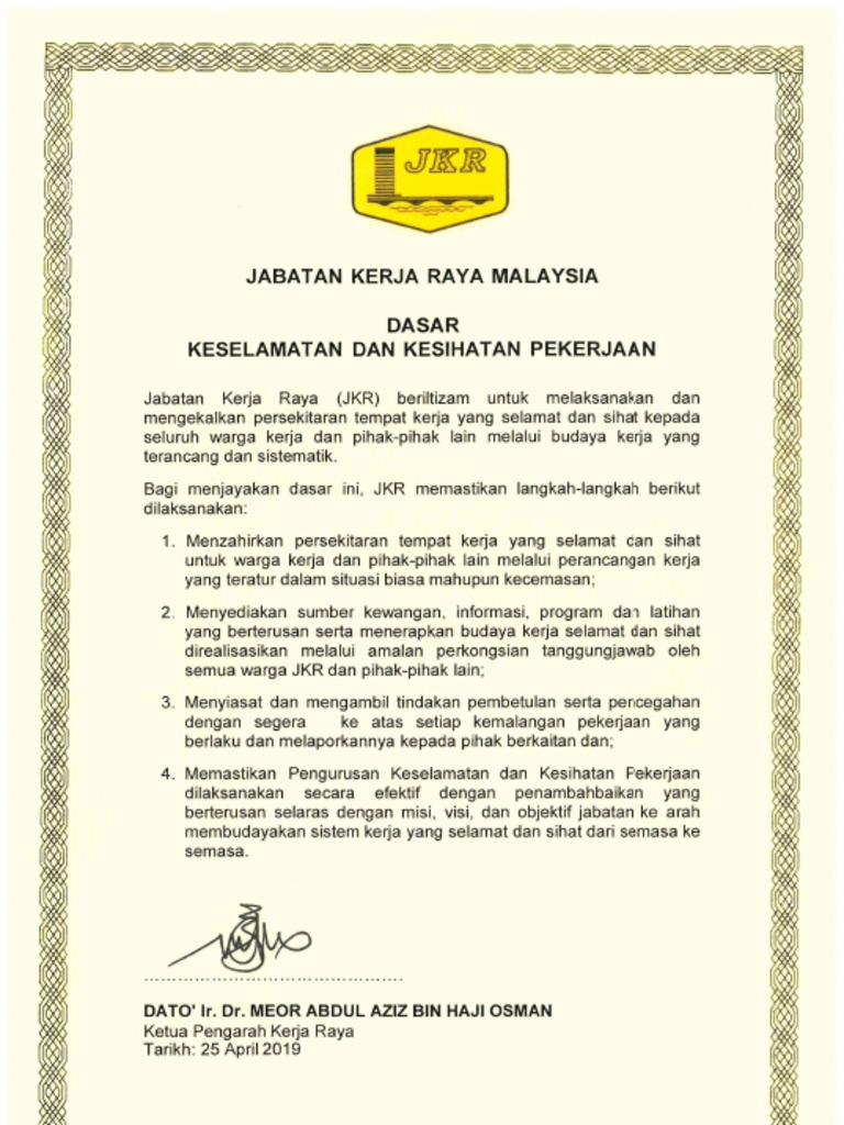 Sijil Dasar Keselamatan Dan Kesihatan Pekerjaan JKR Malaysia 2019 | PDF