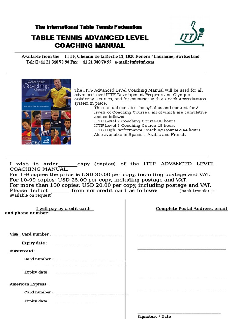 ITTF Advanced Coaching Manual Order Form | Download Free PDF | Mail | Services (Economics)
