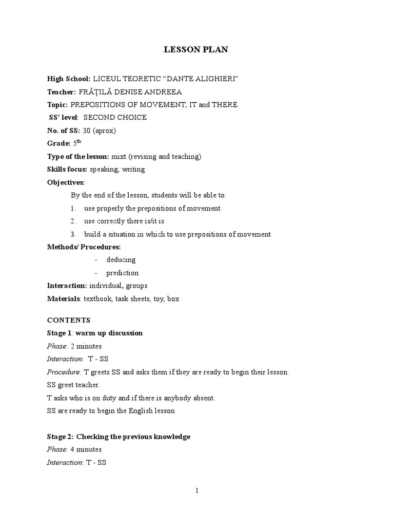 Prepositions of Movement Lesson Plan | PDF | Lesson Plan | Educational ...