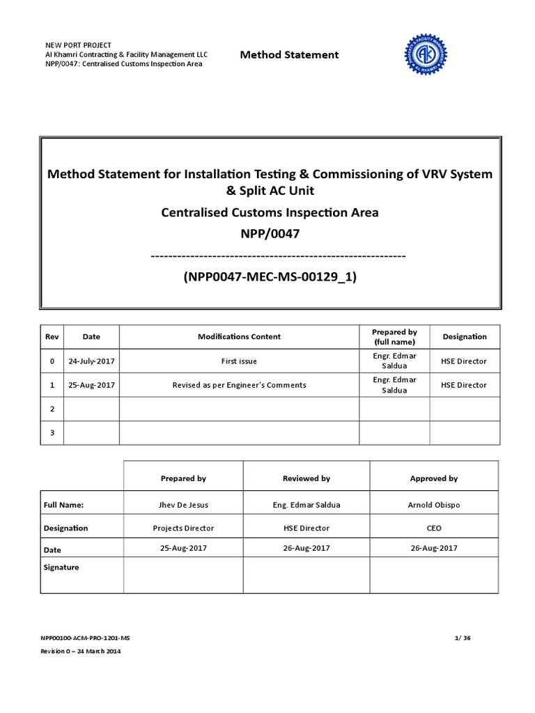 Method Statement For Installation Testing And Commissioning Of Vrf