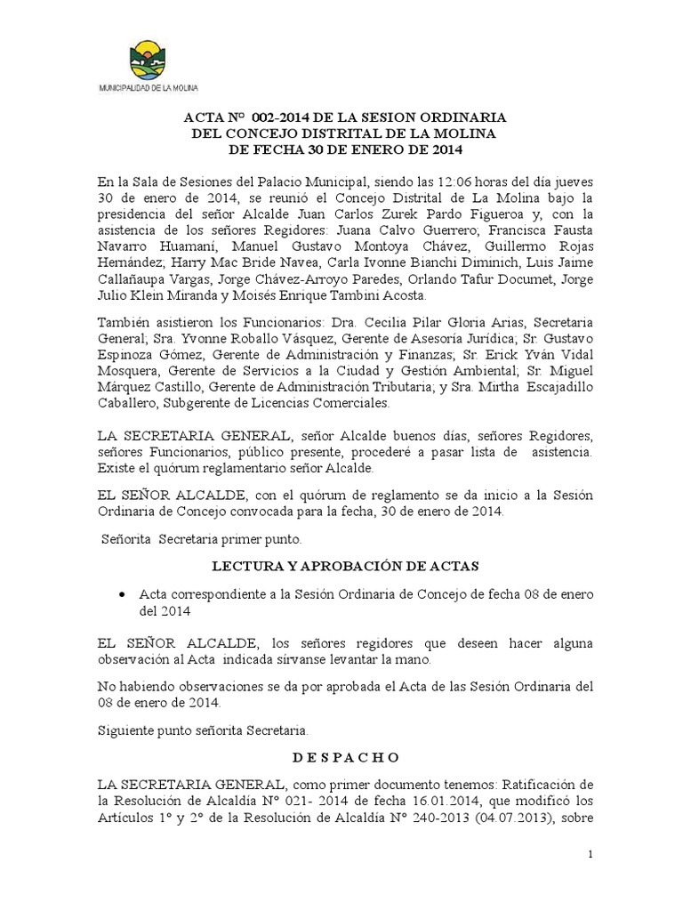 Acta N° 002-2014 De La Sesion Ordinaria Del Concejo Distrital De La Molina De Fecha 30 De Enero ...