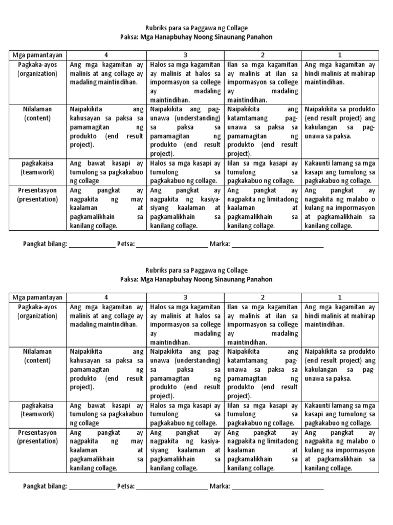 Rubriks para Sa Paggawa NG Collage | PDF