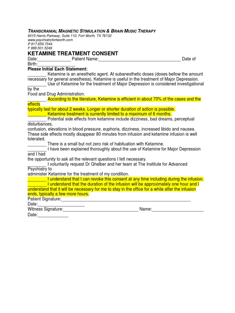 Ketamine Treatment Consent: T M S & B M T | PDF