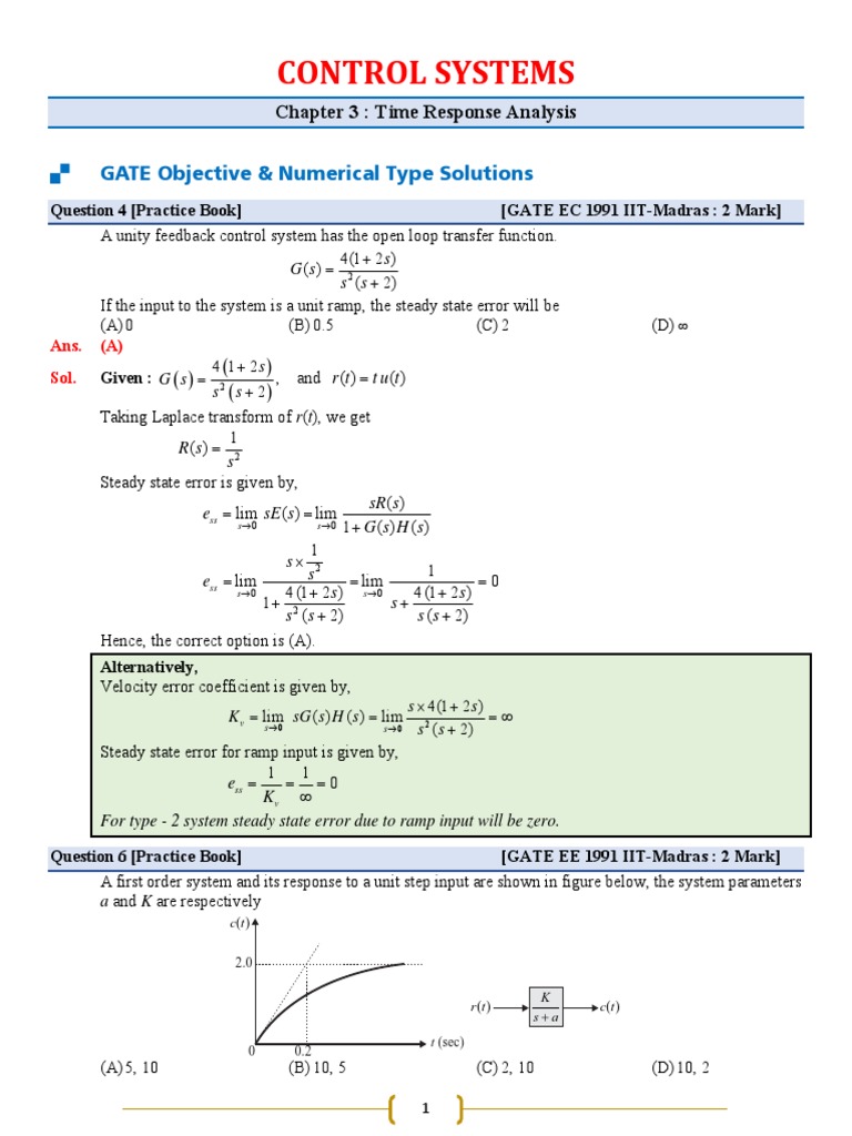 Control Systems: GATE Objective & Numerical Type Solutions | PDF | Control System | Control Theory