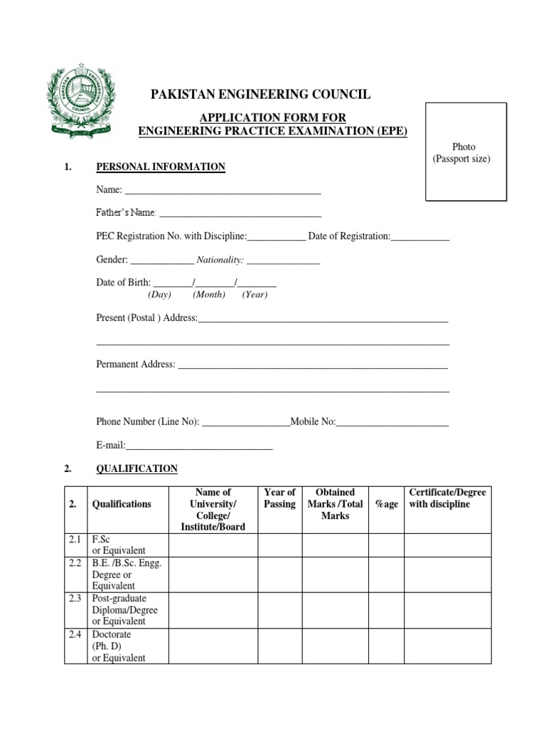 EPE Application Form for Engineers | PDF | Engineering | Civil Engineering