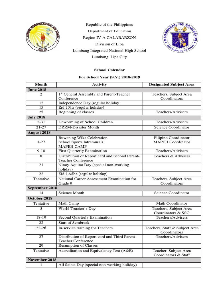 School Calendar For School Year (S.Y.) 2018-2019 Month Activity ...