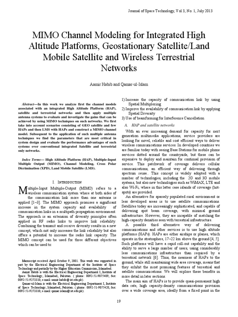 MIMO Channel Modeling For Integrated High Altitude Platforms, Geostationary Satellite/Land ...