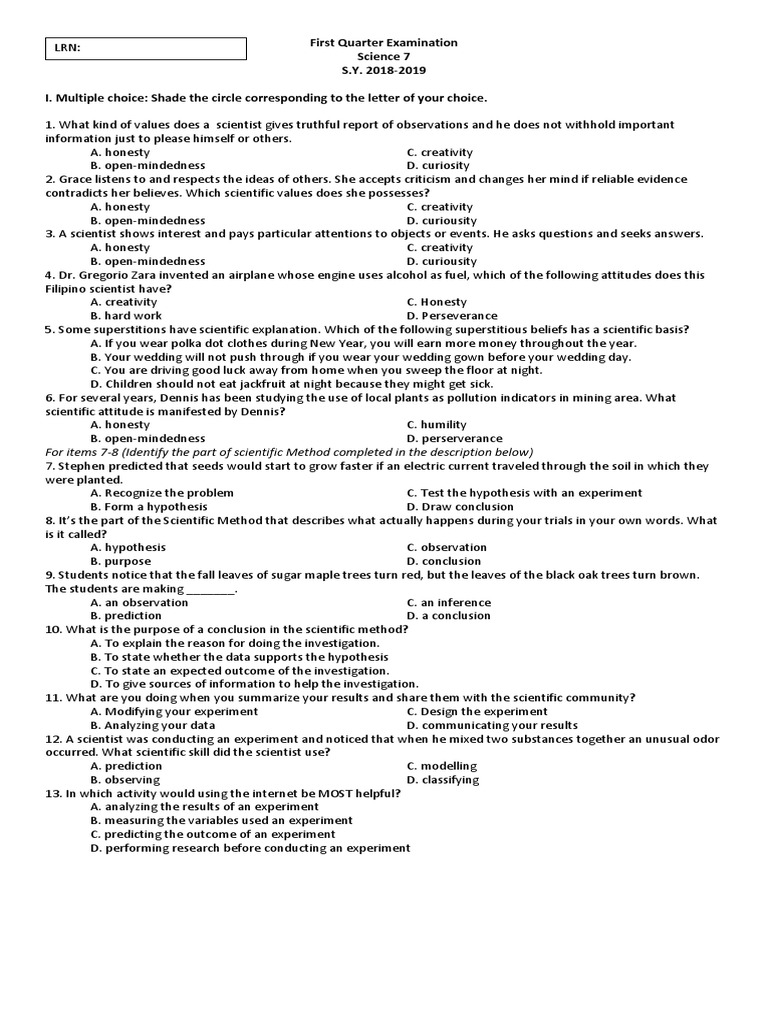 First Quarter Examination Science 7 S.Y. 2018-2019 I. Multiple choice ...