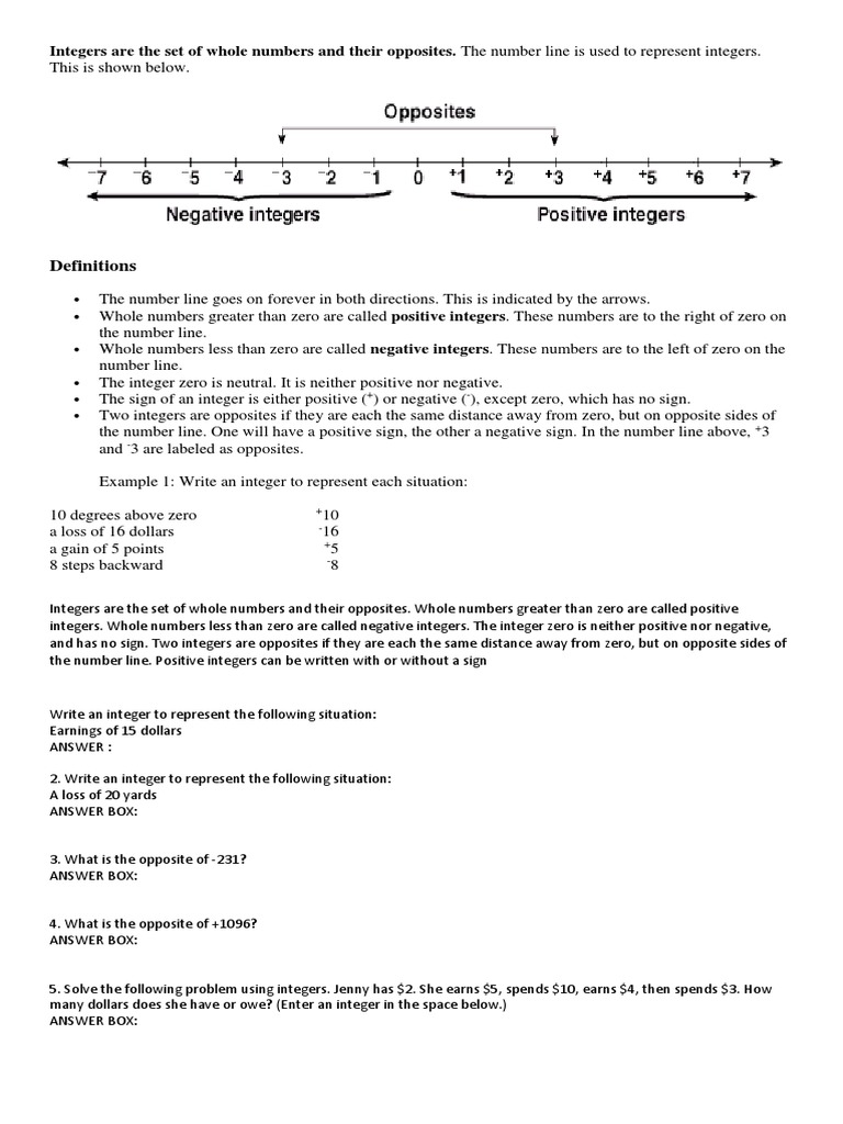 Definitions: Integers Are The Set of Whole Numbers and Their Opposites ...