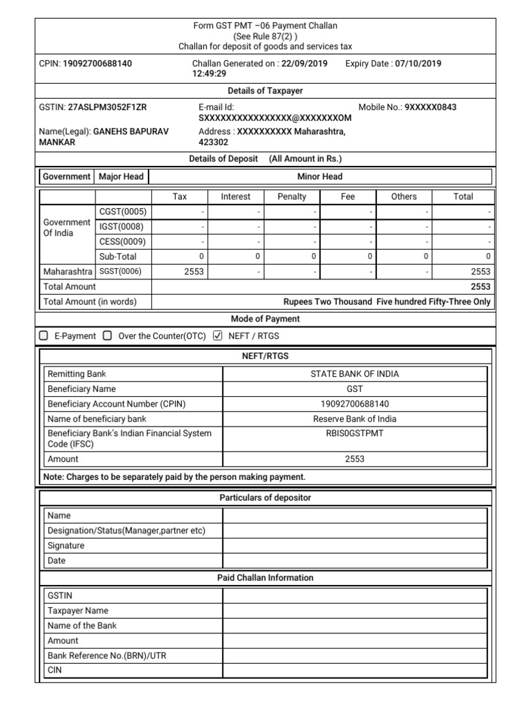 Payment Challan and Mandate Form for Depositing Goods and Services Tax ...