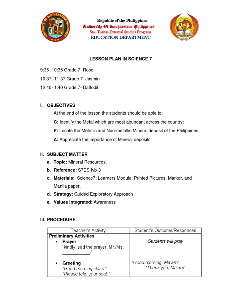 1.lesson Plan in Grade 7 | PDF | Metals | Platinum