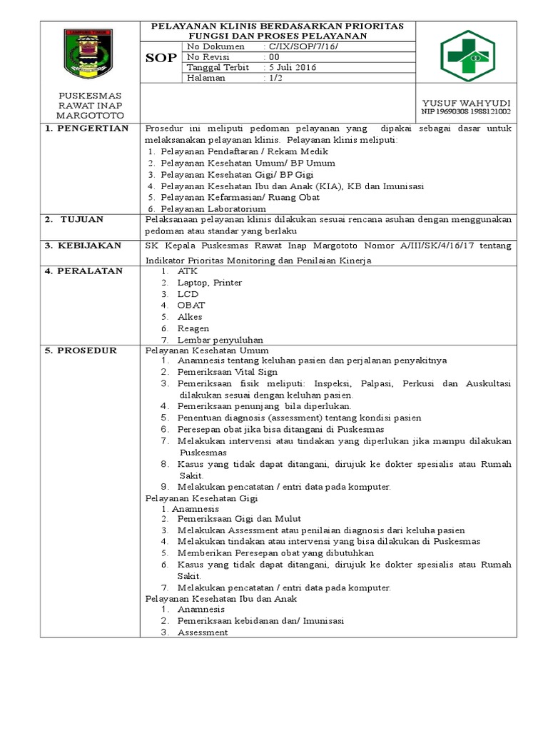 Sop Pelayanan Klinis Berdasarkan Prioritas Fungsi Dan Proses Pelayanan | PDF