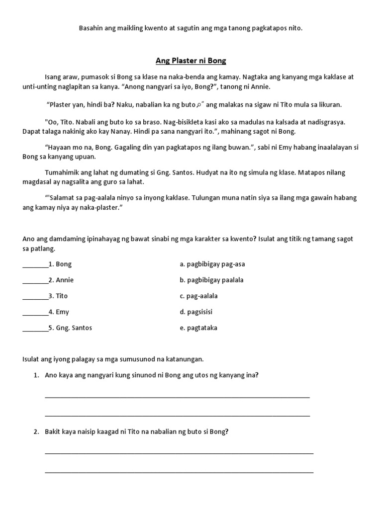 Basahin Ang Maikling Kwento at Sagutin Ang Mga Tanong Pagkatapos Nito | PDF Basahin Ang Maikling Kwento at Sagutin Ang Mga Tanong Pagkatapos Nito | PDF