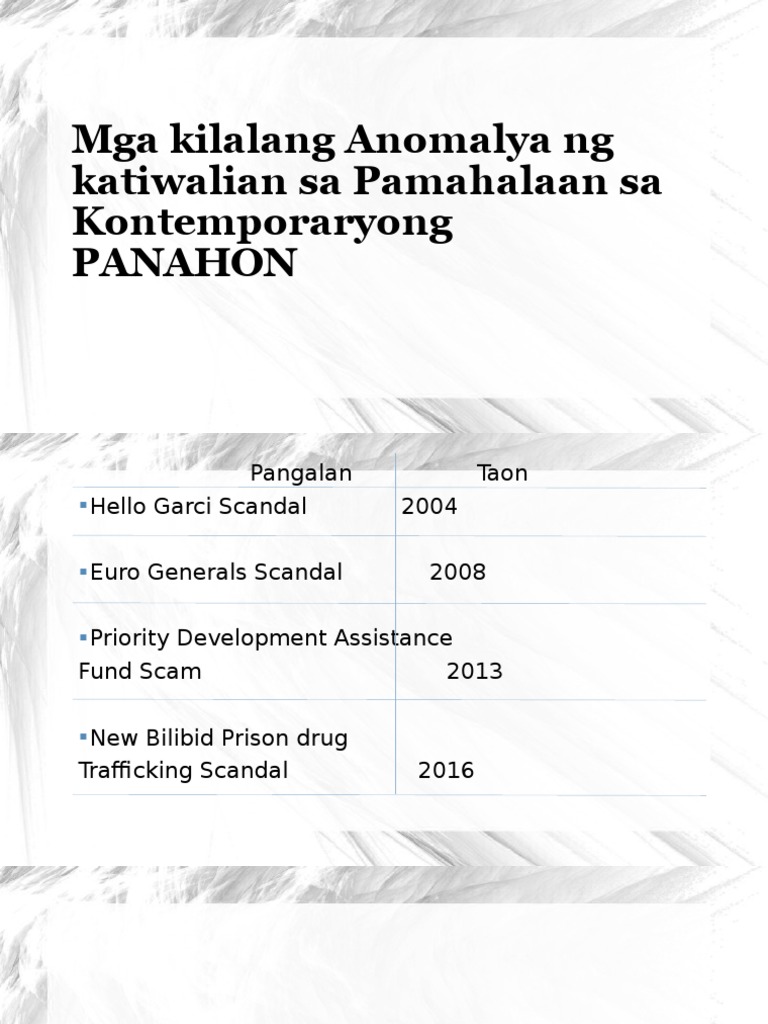 Mga Kilalang Anomalya NG Katiwalian Sa Pamahalaan Sa | PDF