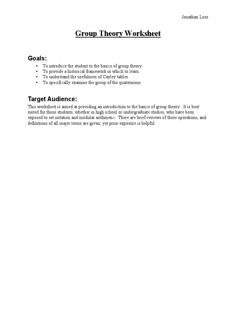 Group Theory Worksheet: Goals | PDF | Group (Mathematics) | Set ...
