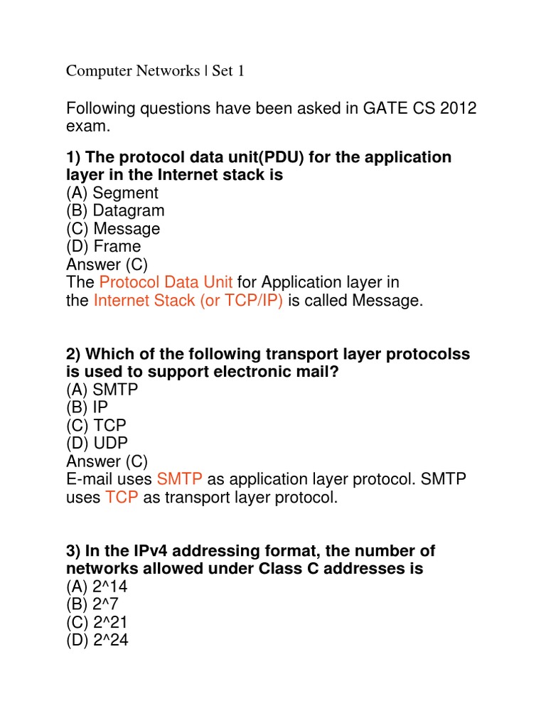 Computer Network Gate MCQ Ques | PDF | Transmission Control Protocol | Internet Protocol Suite