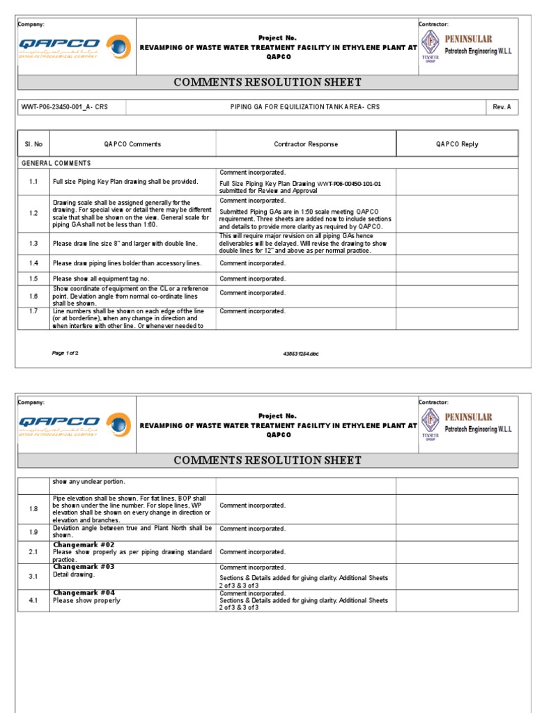 Comments Resolution Sheet: Company: Contractor | PDF | Nature