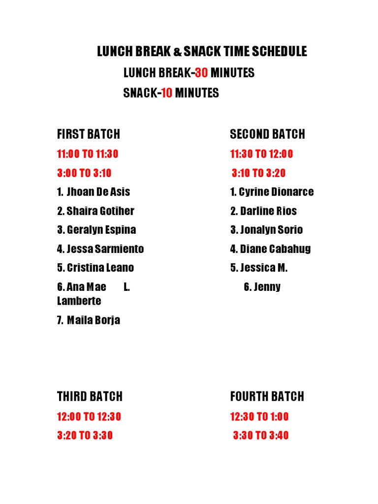 Lunch Break & Snack Time Schedule | PDF