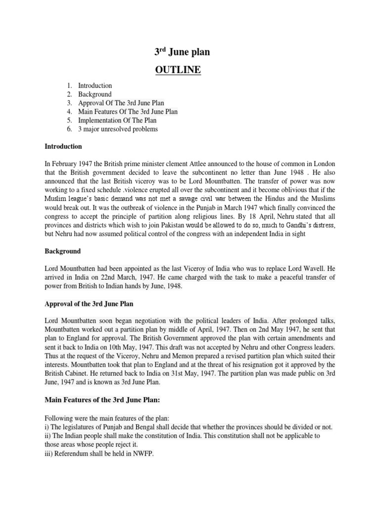 3rd June Plan Outline | PDF | Partition Of India | British Raj