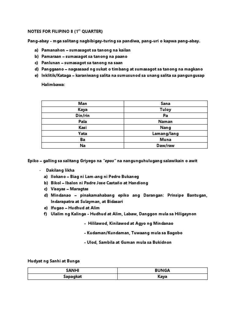Notes For Filipino 8 First Quarter | PDF